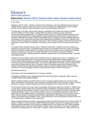 Rating Action: Moody's affirms Thailand's Baa1 rating; maintains stable ...